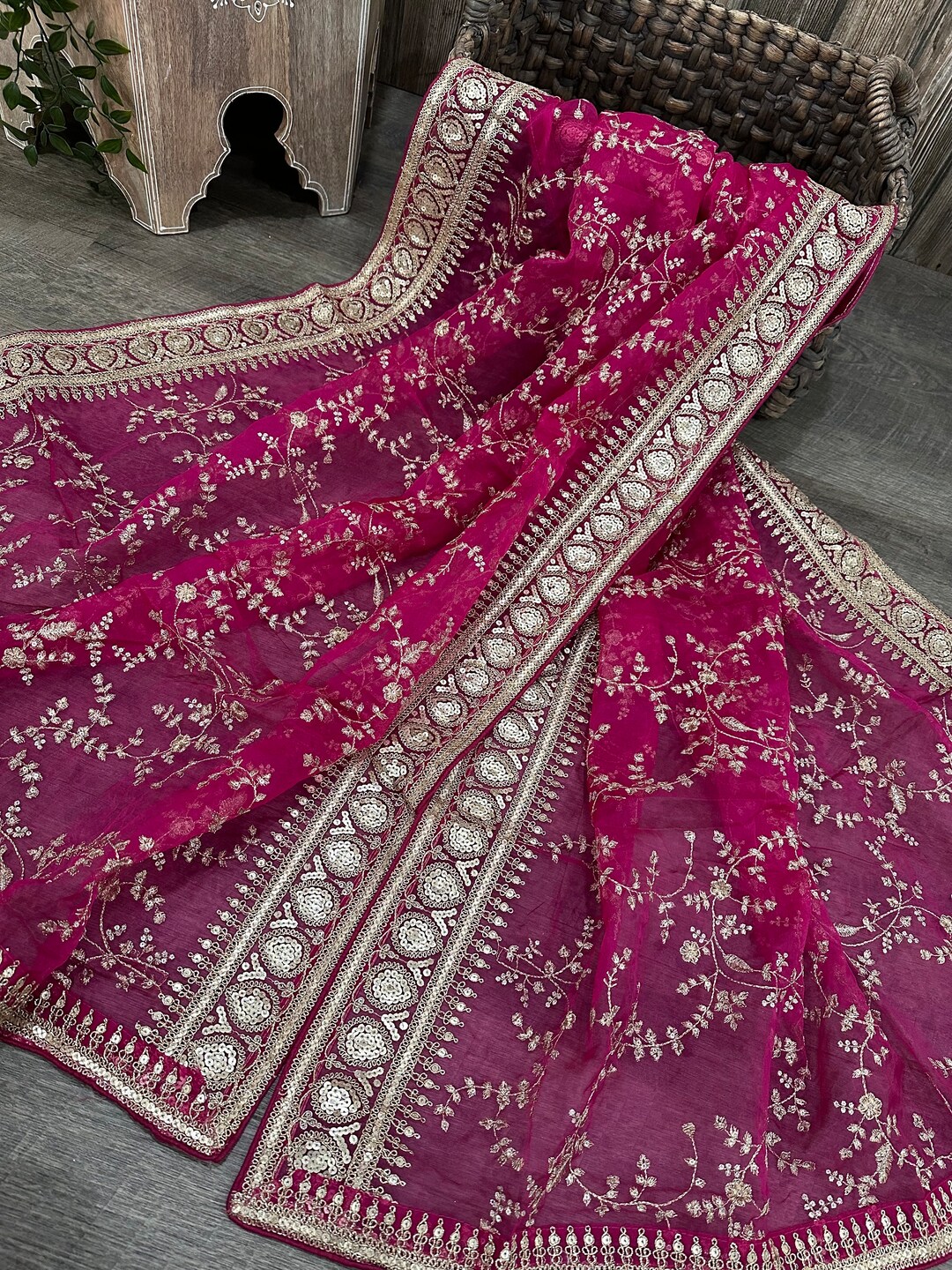 Embroidered Rani Pink Organza Dupatta /stole/wrap, Free Shipping in US ...