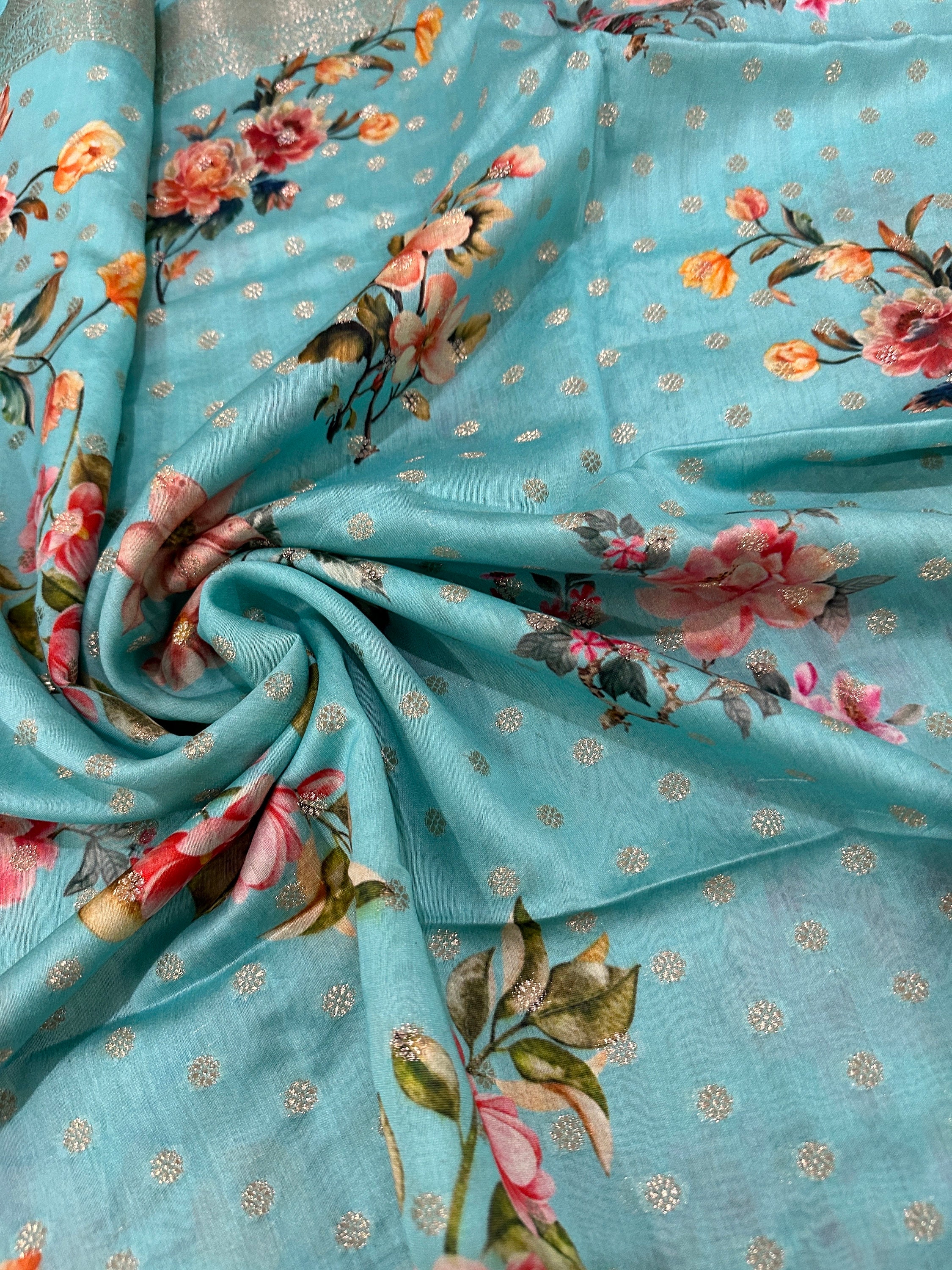 Blue Floral Banarsi Dupatta / Pure Chanderi Silk /free Shipping in US ...
