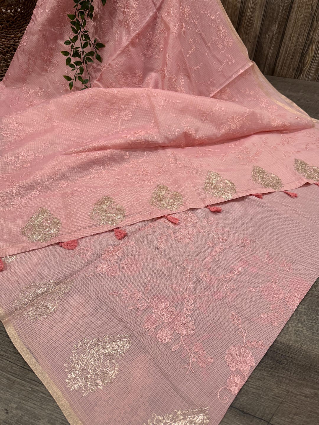 Pink Kota Cotton Silk Saree With Pitta Work /fall Attached Free ...