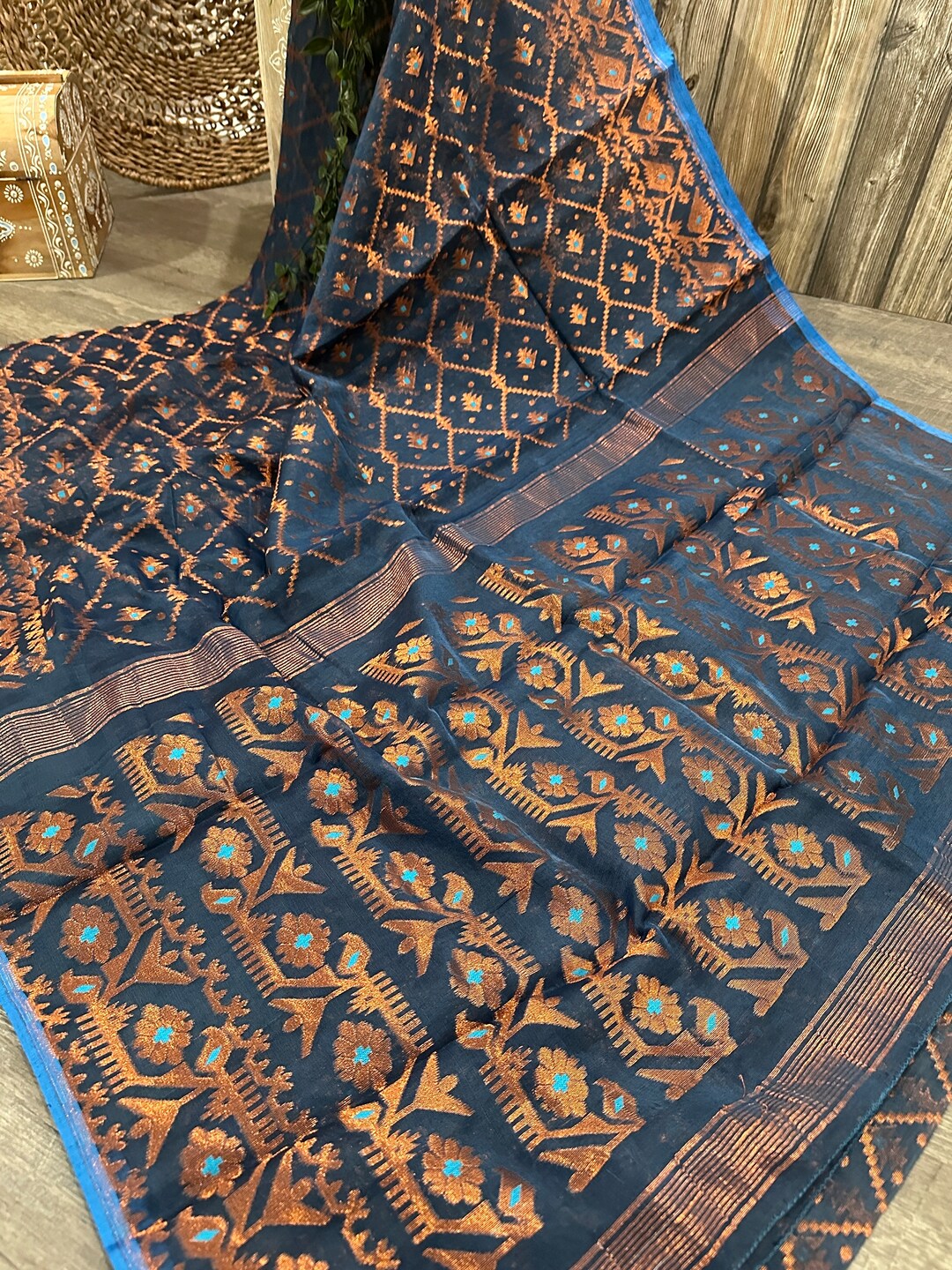 Copper and Dark Blue Jamdani Saree / Fall Attached/ Free Shipping in US ...