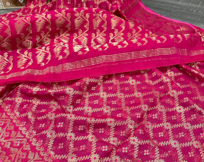 Rani Pink Jamdani Saree With Gold Zari /free Shipping in US - Etsy