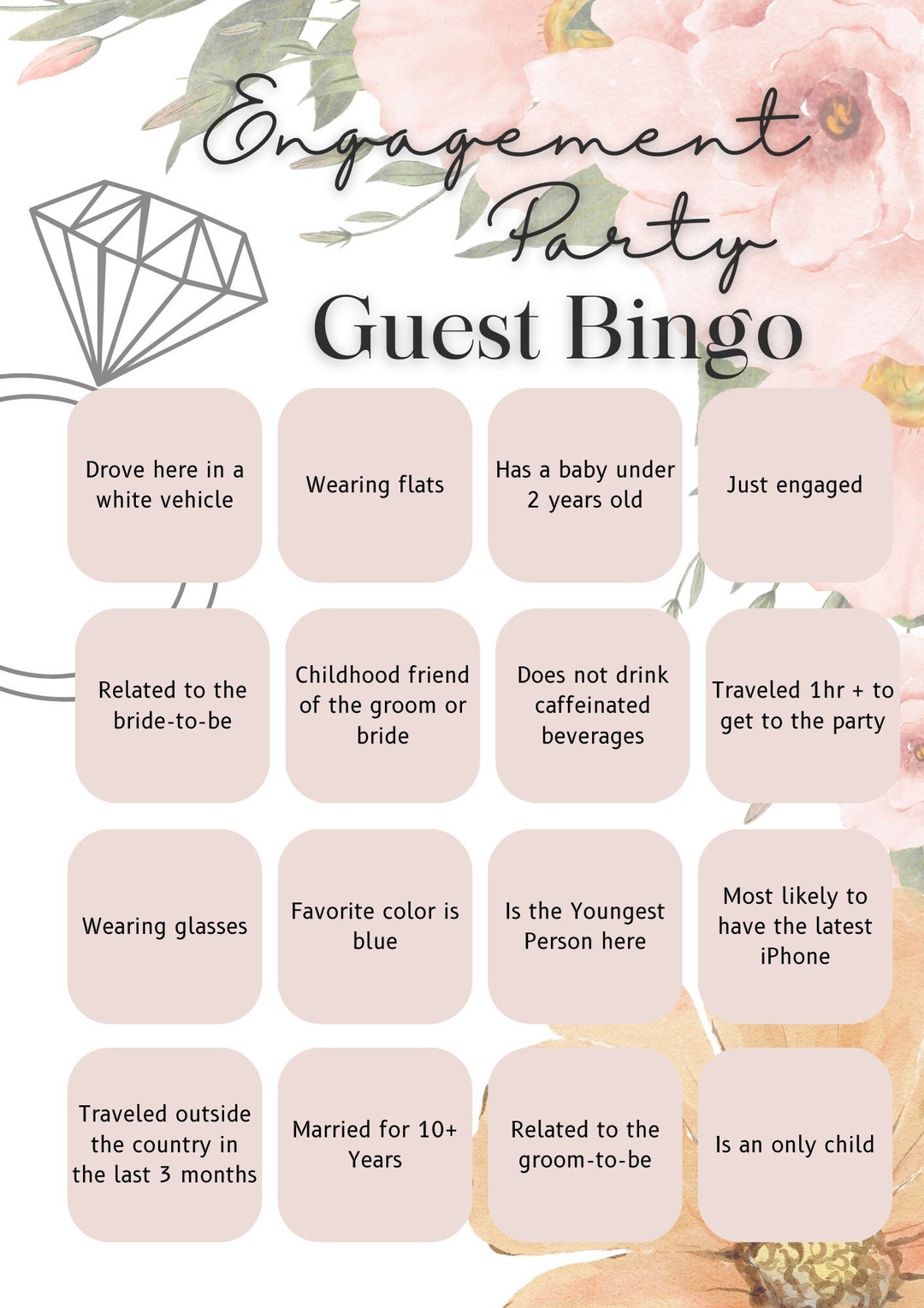 Engagement Party Guest Bingo Digital Print Bridal Games, Engagement ...