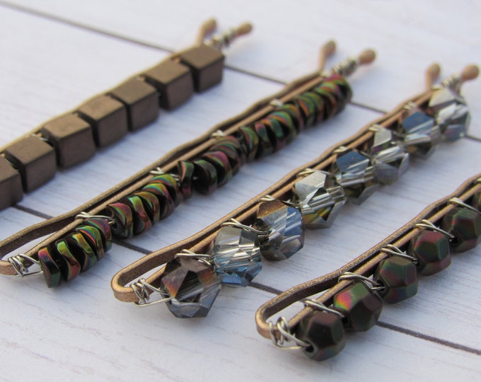 Brown Iridescent Set of 4 Beaded Hair Pins, Beaded Bobby Pins, Bobbie ...