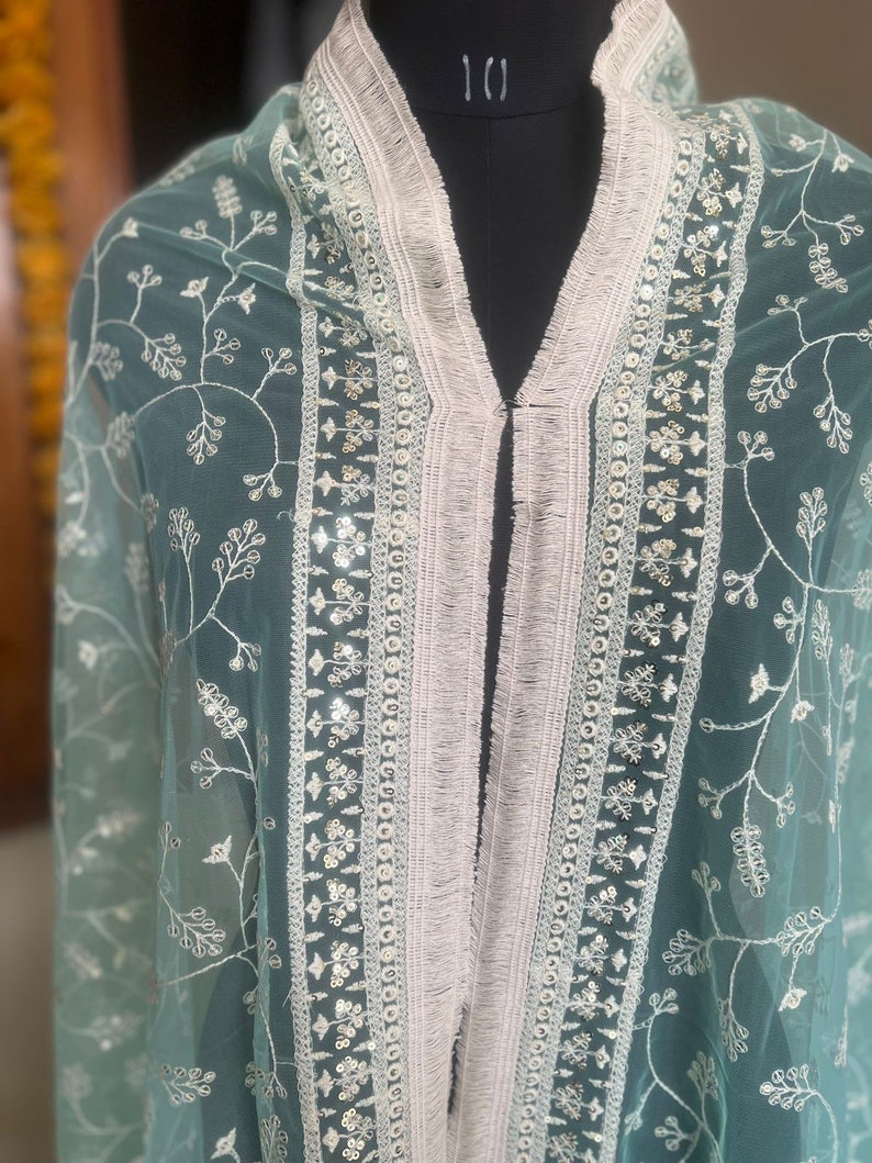 Mint Green Net Embroidered Dupatta - Etsy