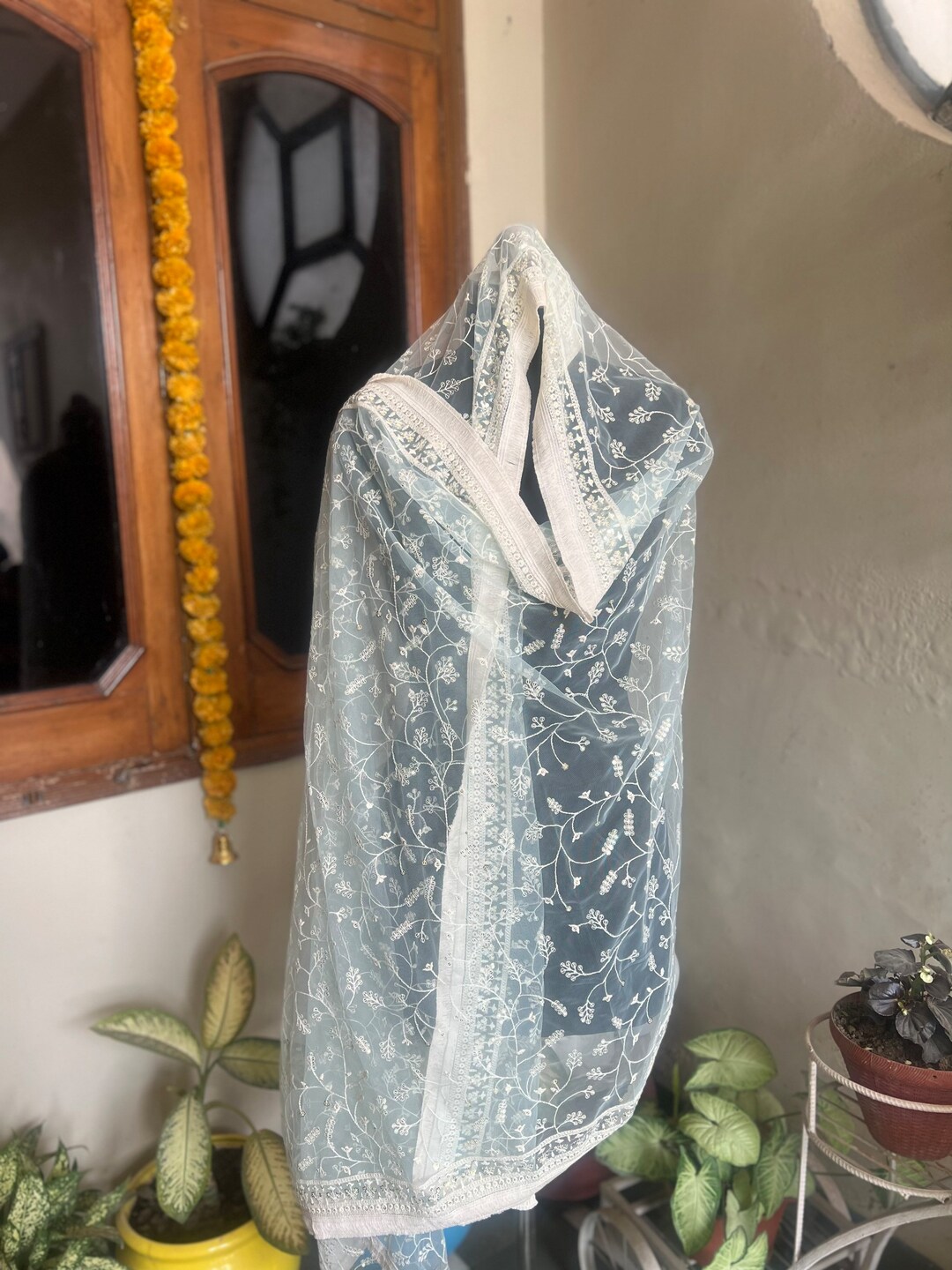 Pastel Mint Green Net Embroidered Dupatta - Etsy