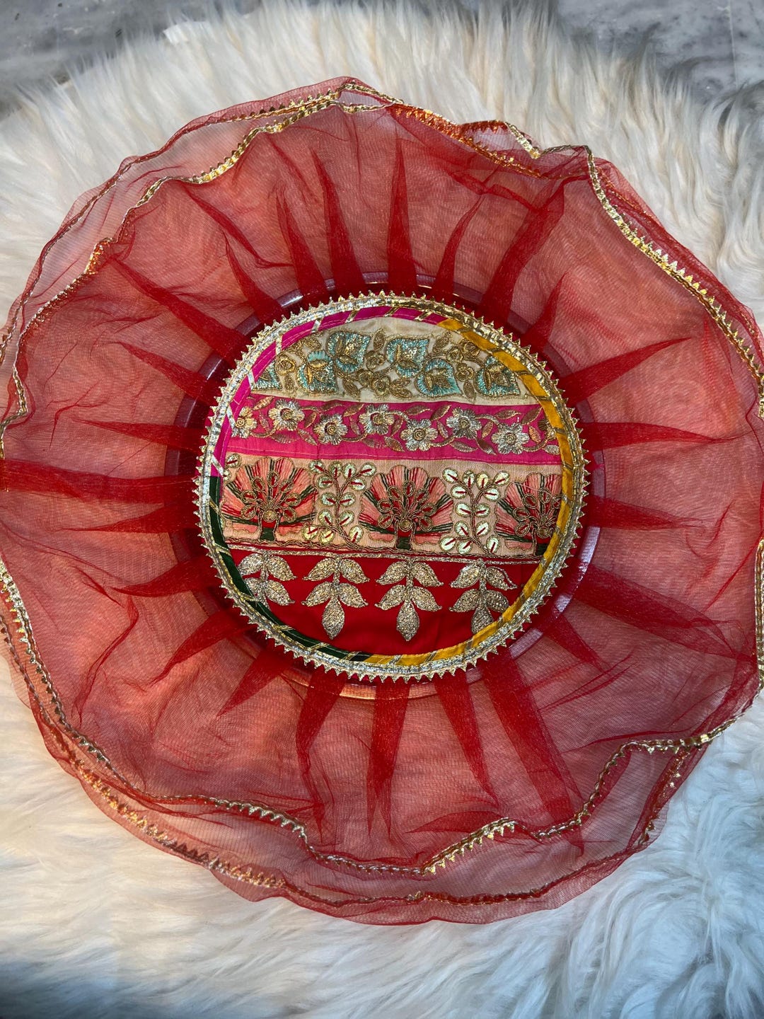 Red Net Fabric Thali Cover/ Wedding Thali Cover/ Pooja Thali Cover - Etsy