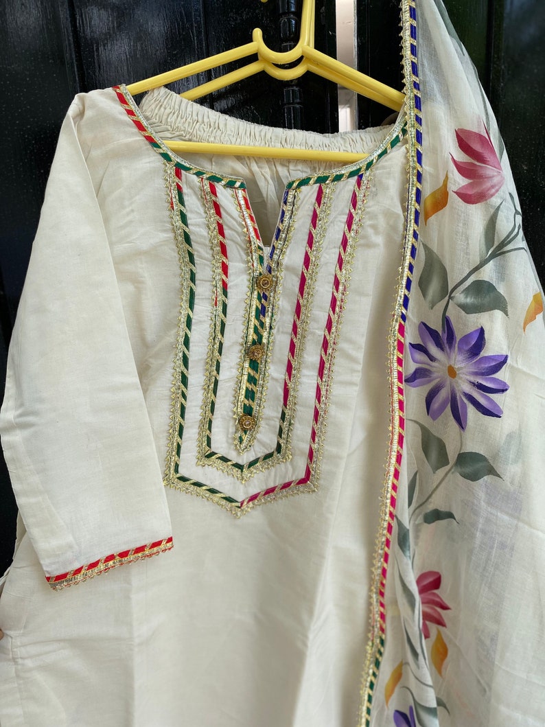 White Cotton Hand Painted Kurta Setpunjabi Suitpainted - Etsy