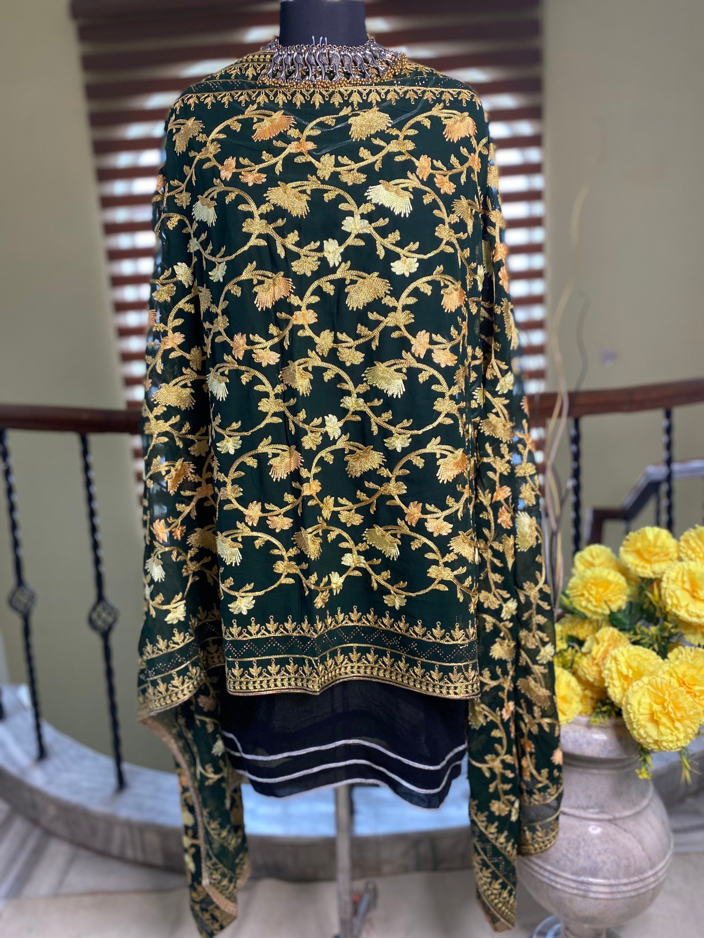 Dark Green Embroidered Dupatta - Etsy
