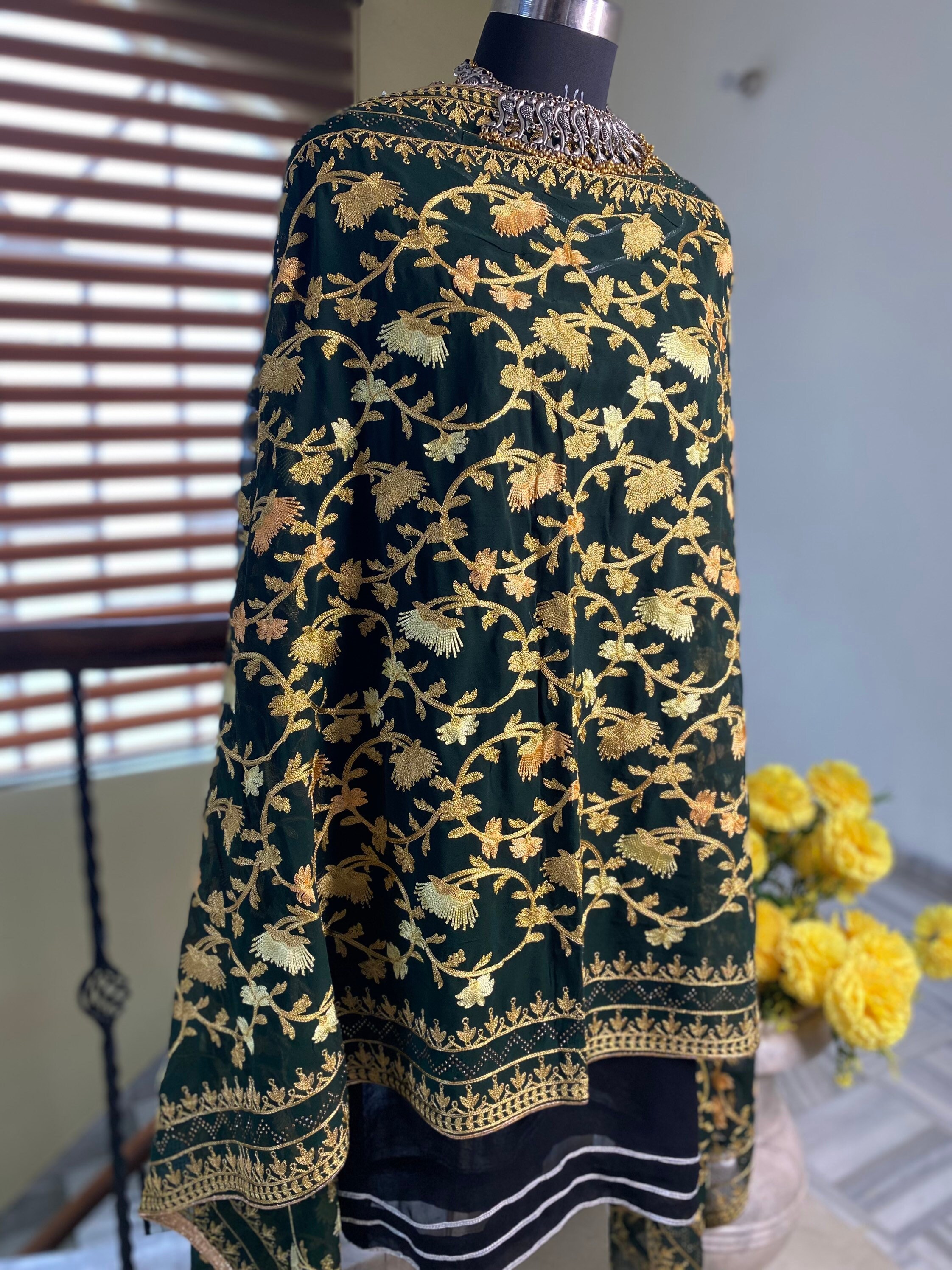 Dark Green Embroidered Dupatta - Etsy