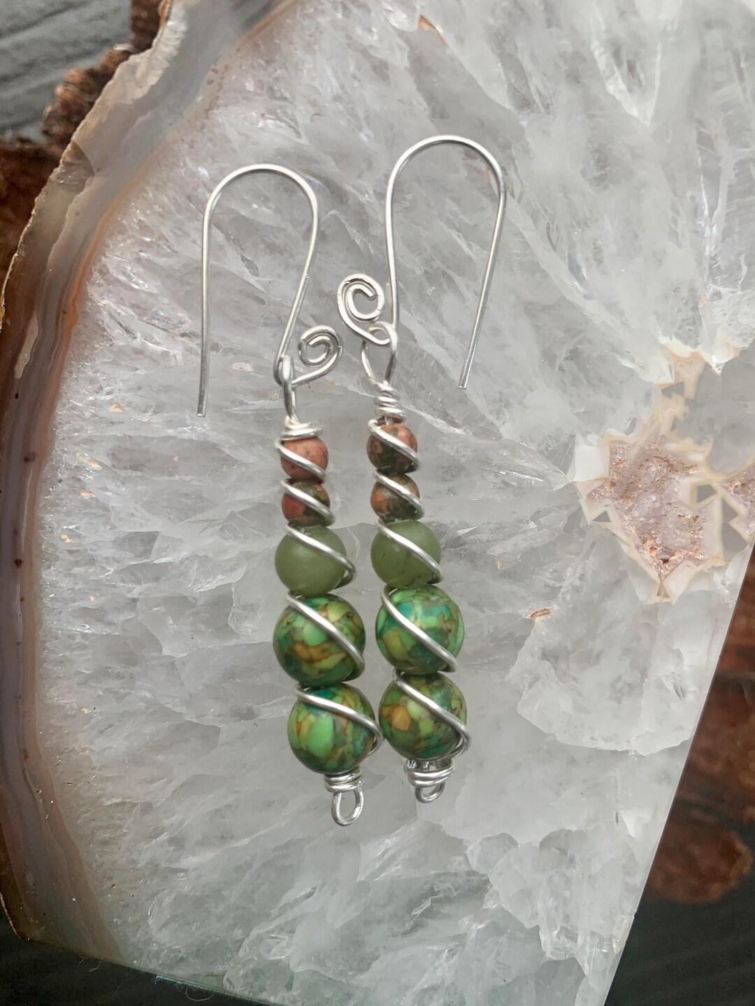 Green Moss Spiral Earrings Sterling Silver Handmade - Etsy