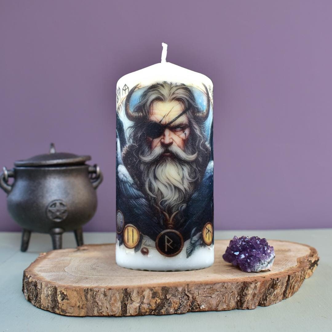 Norse God Odin Candle, Decoupage Decorative Pillar Candle, Witchcraft ...