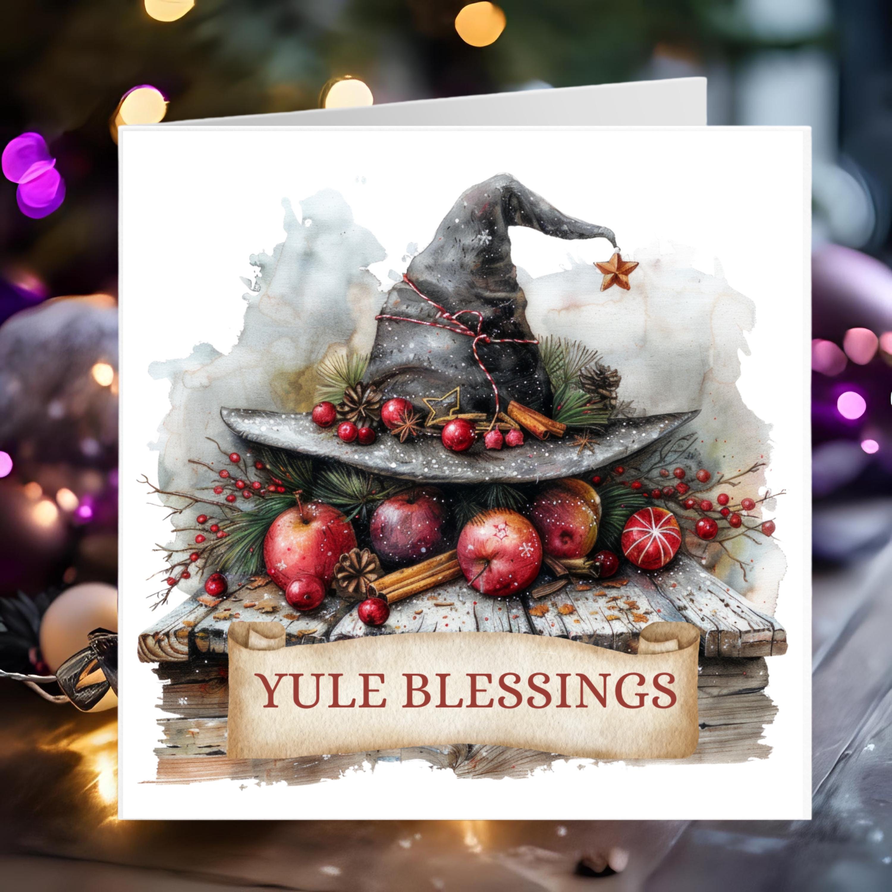 Yule Blessings Card: Witch Hat Design, Pagan Christmas, Wiccan Sabbat ...