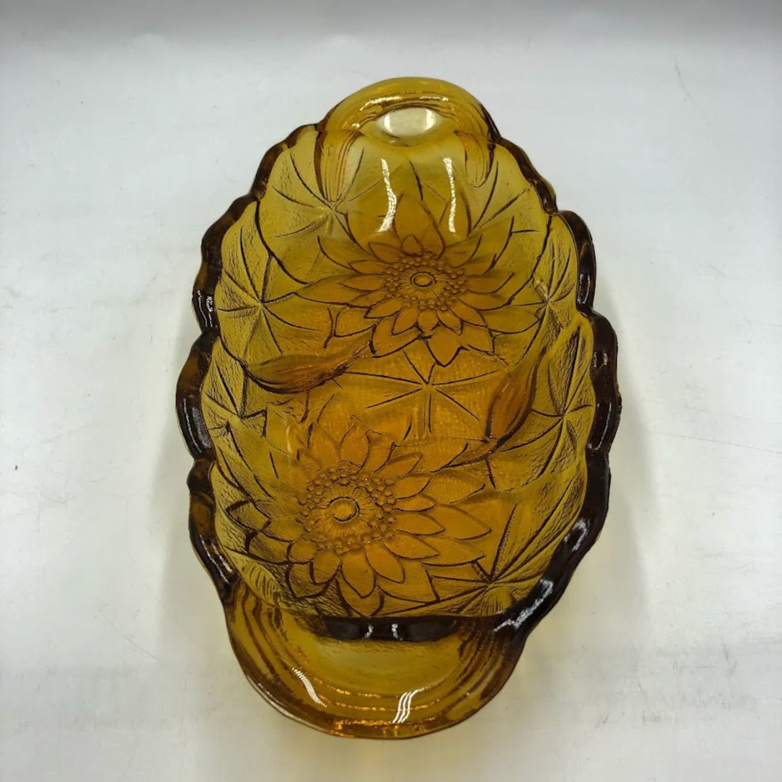 Vintage Amber Glass Oval Bowl Dish Sunflower Marigold Candy Nut Relish ...