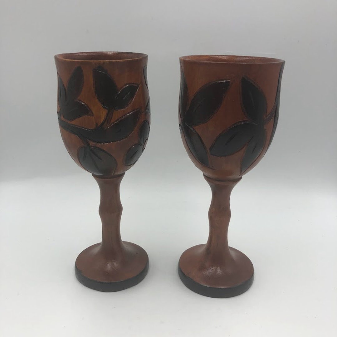 Vintage Hand Carved Wood Goblets Floral Design Collectible Set of 2 ...