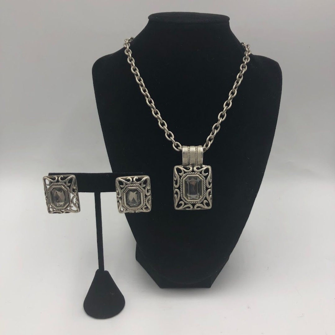 Vintage Bali Style Silver Tone Square Statement Necklace and Pierced ...