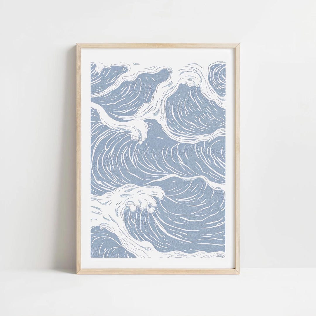 Ocean Waves Linocut Print Blue Japanese Style Coastal Wall Art Nautical ...