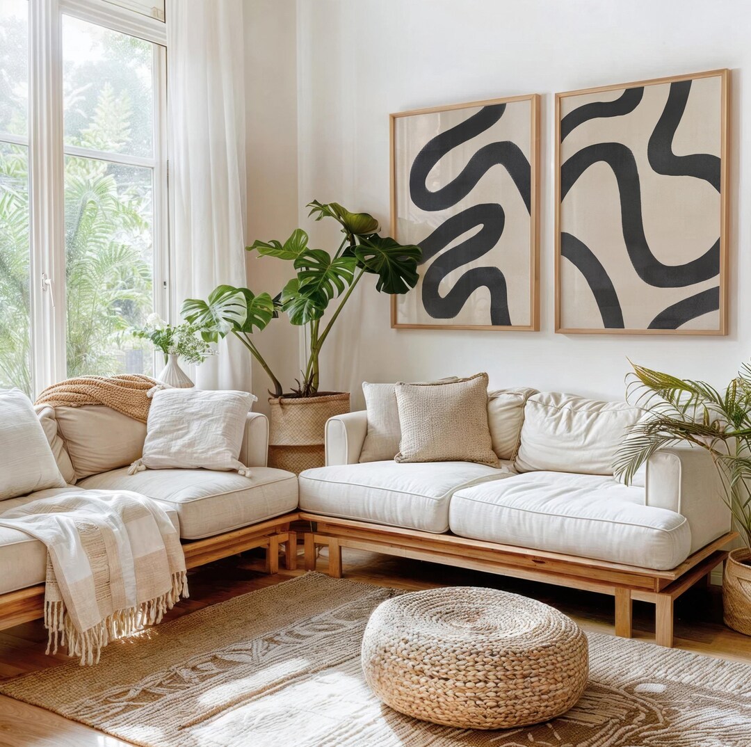 Abstract Geometric Print Set: Beige Black Minimalist Decor (digital ...