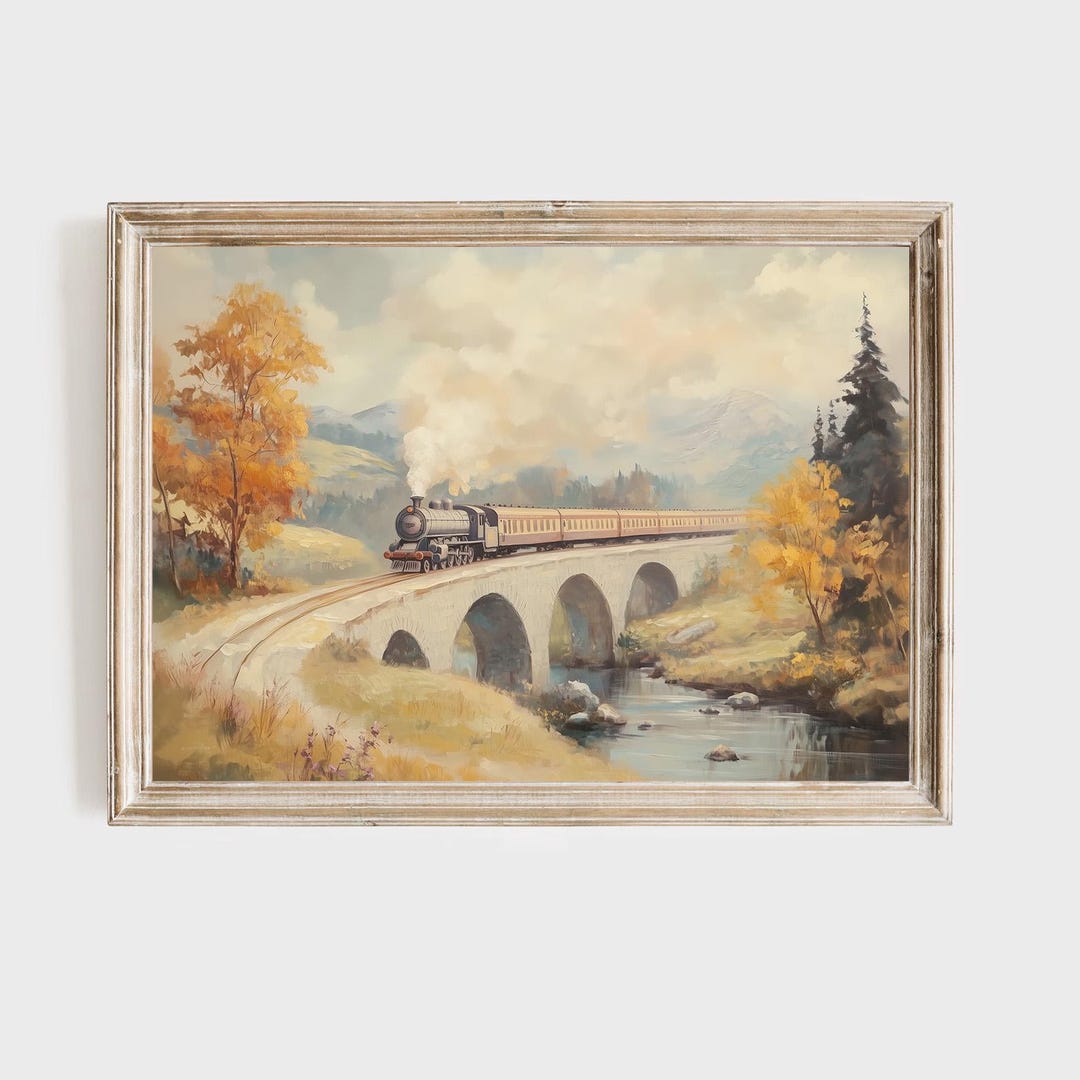 Vintage Steam Train Art Print, Autumn Railroad Bridge Painting, Fall ...