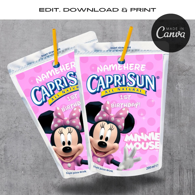 Minnie Mouse Caprisun Template| Minnie Birthday Party Juice Pouch Label ...