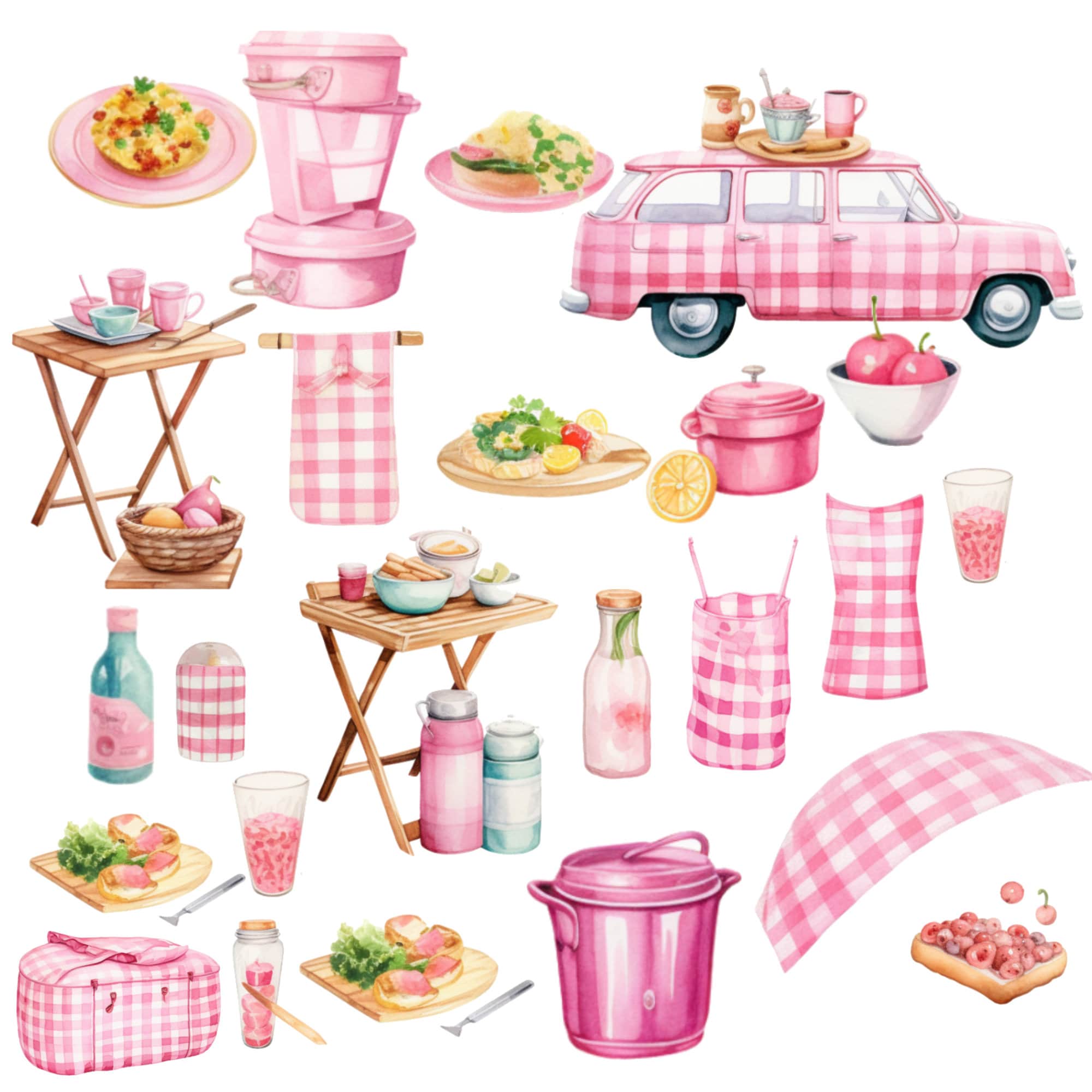 Pink Picnic Clipart, Watercolor Pink Picnic Clipart, Watercolor Vintage ...