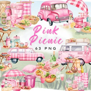 Pink Picnic Clipart, Watercolor Pink Picnic Clipart, Watercolor Vintage ...