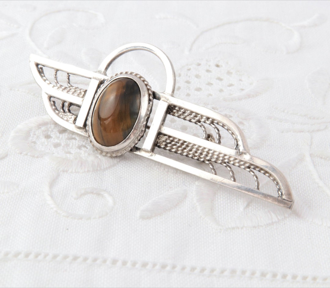 Sterling Silver 875 Brooch With Tiger Eye, Filigree Brooch Art Deco ...