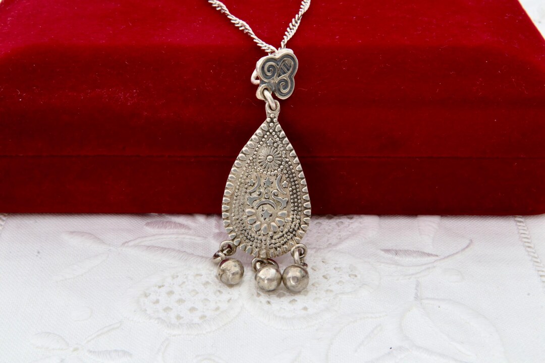 Ethnic Arabic Sterling Silver Necklace, Silver Teardrop Pendant With ...