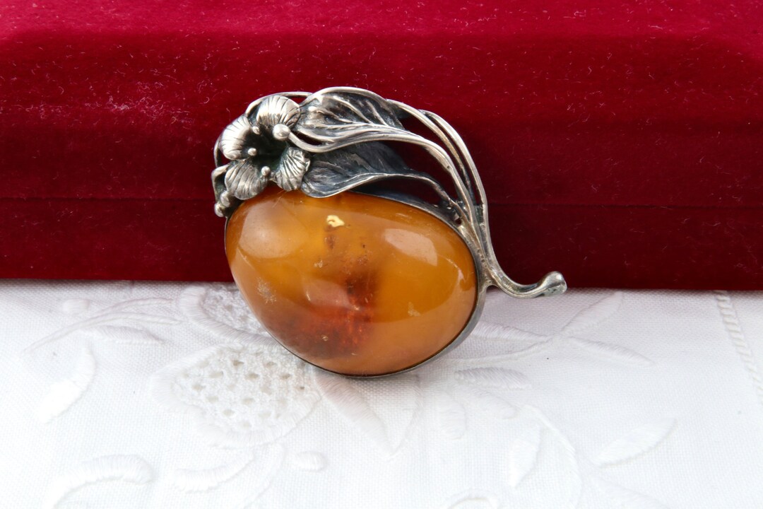Antique Sterling Silver Brooch With Amber, Flower Brooch, Natural ...
