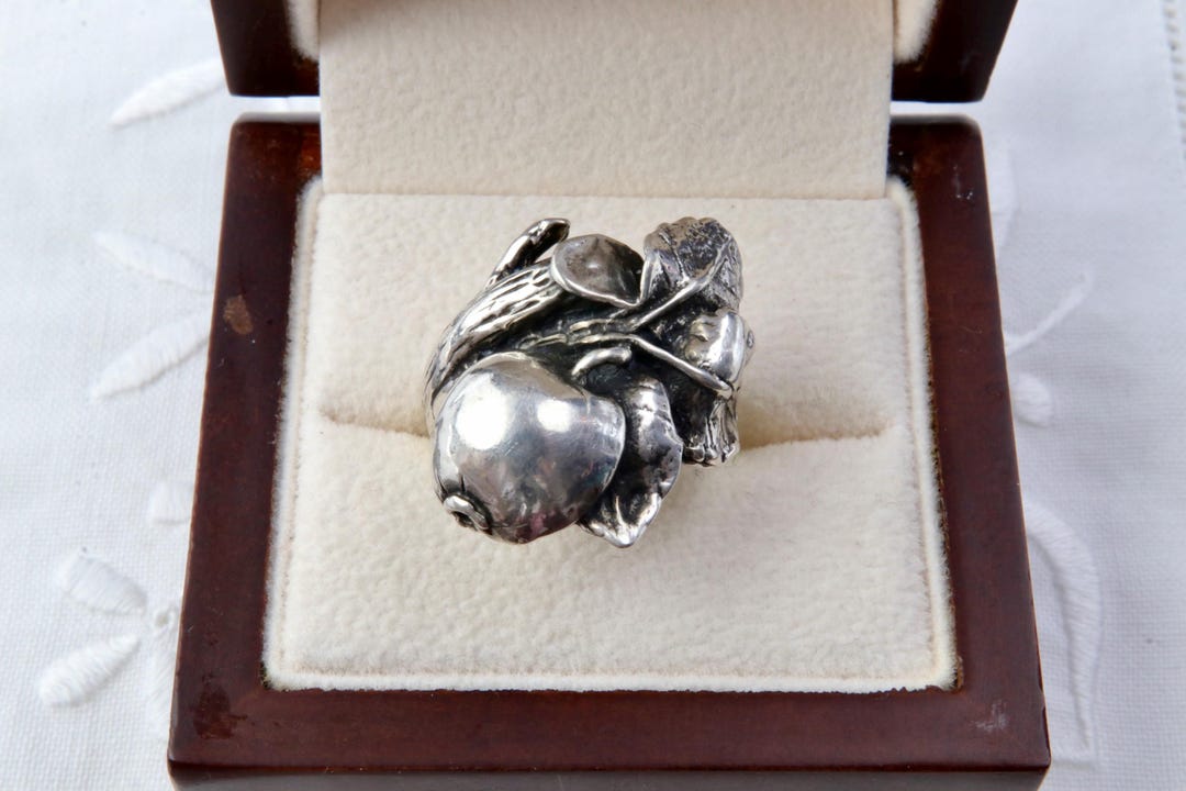 Sterling Silver Apple Ring, Large Apple Twig Ring, Leaves Ring, Vintage ...