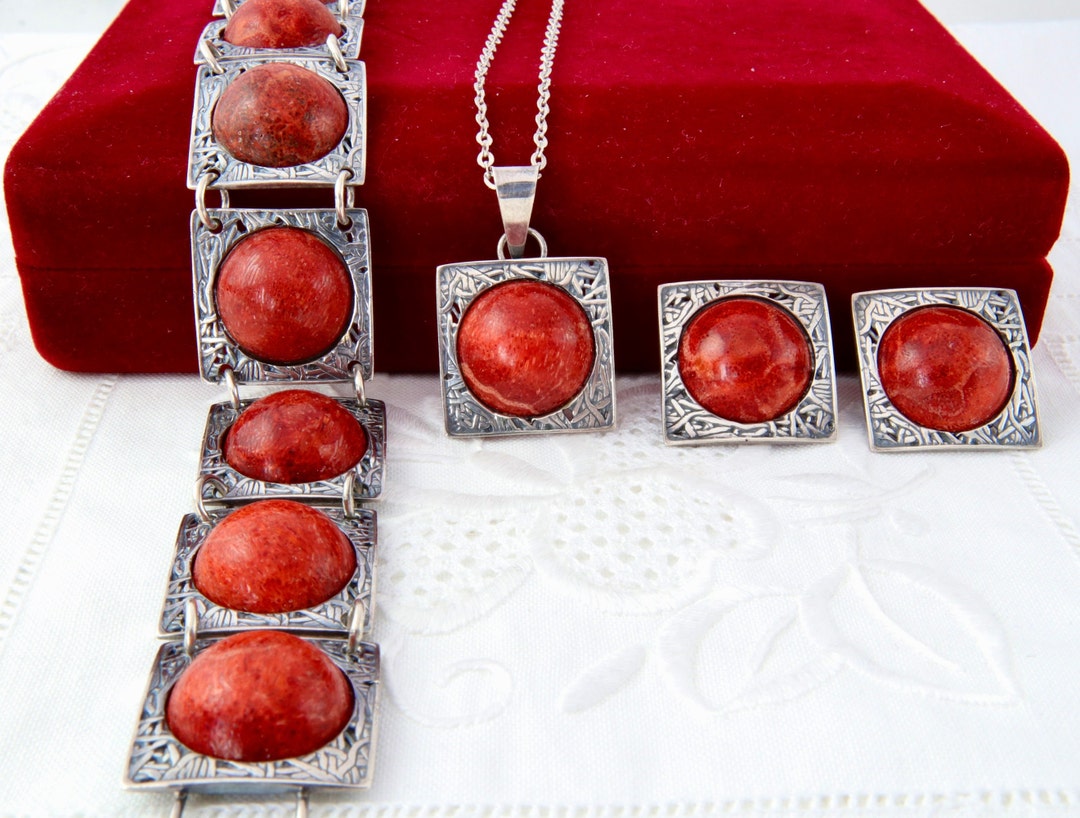 Sterling Silver Jewelry Set With Red Coral, Silver Bracelet With Links ...
