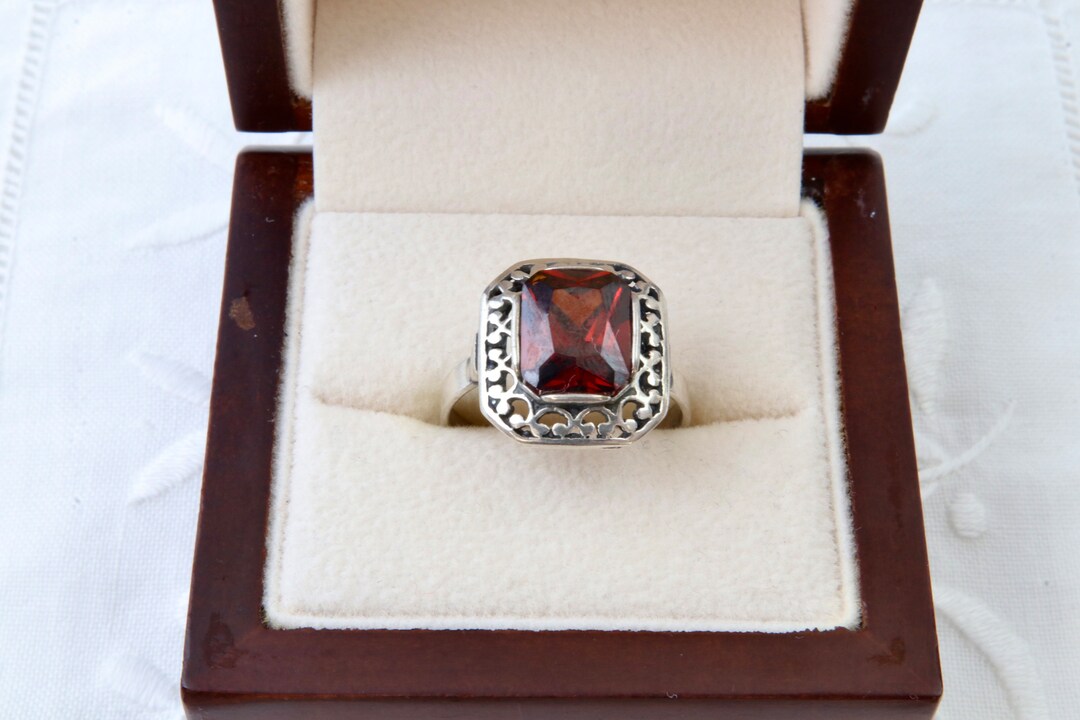 Sterling Silver Ring With Red Topaz, Red Ring, Filigree Ring, Square ...