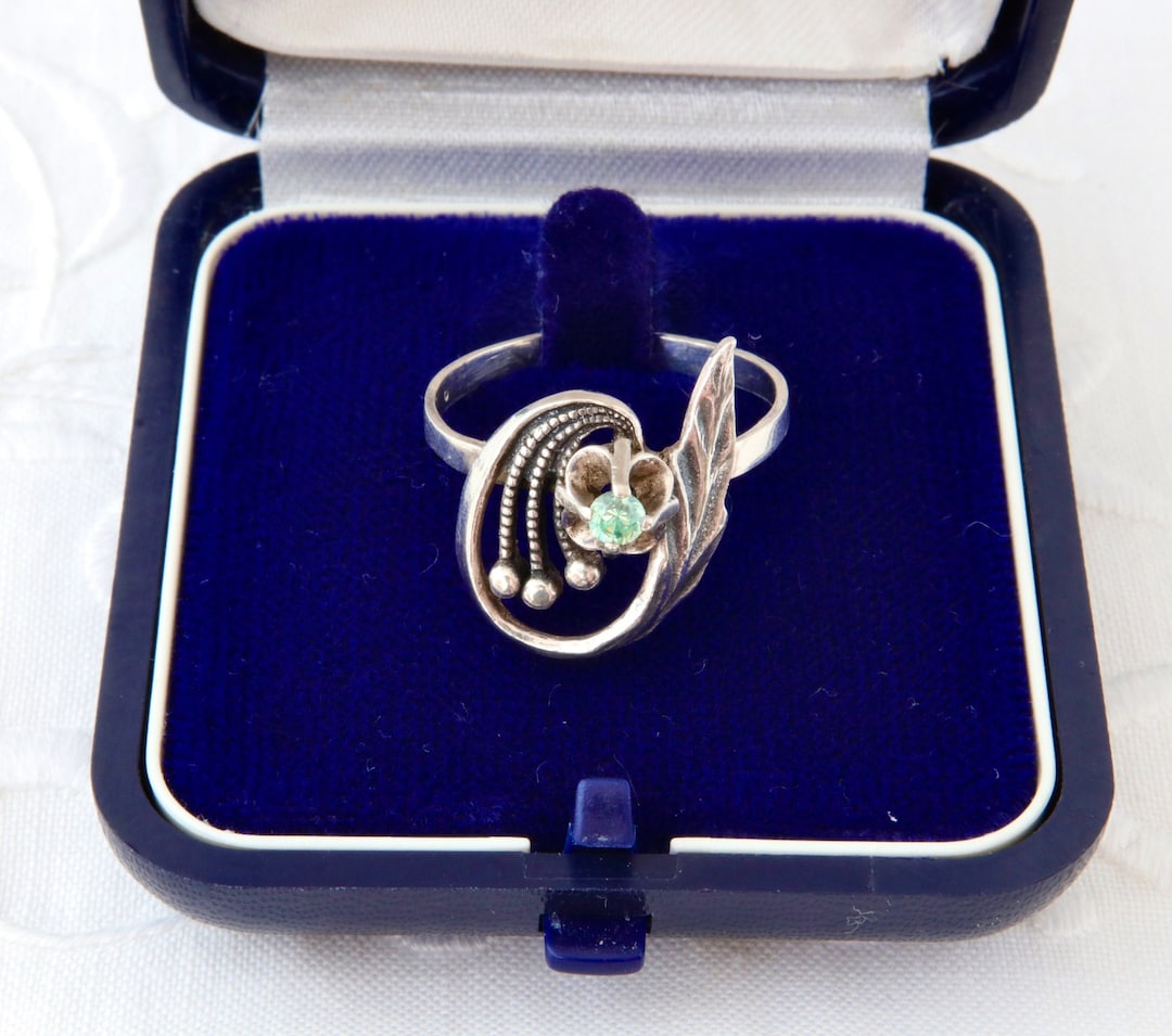 Soviet Sterling Silver Ring With Green Garnet, Silver Ring Floral ...