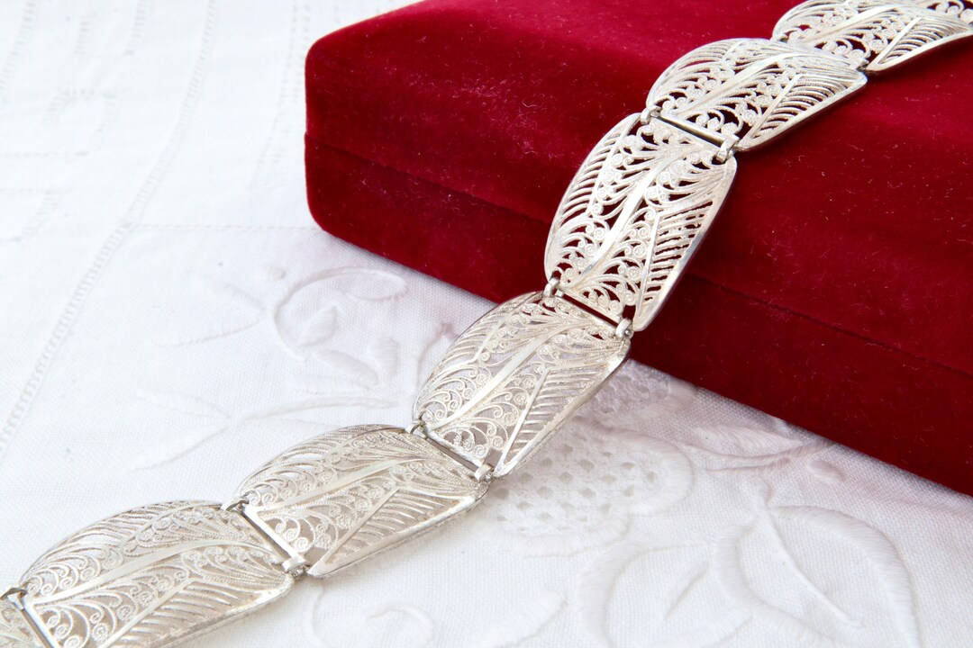 Sterling Silver Filigree Bracelet, Wide Links Bracelet, Openwork ...
