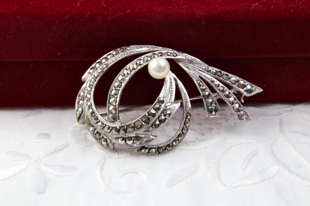 Sterling Silver Brooch With Marcasite and Pearls, Flower Brooch, Brooch ...