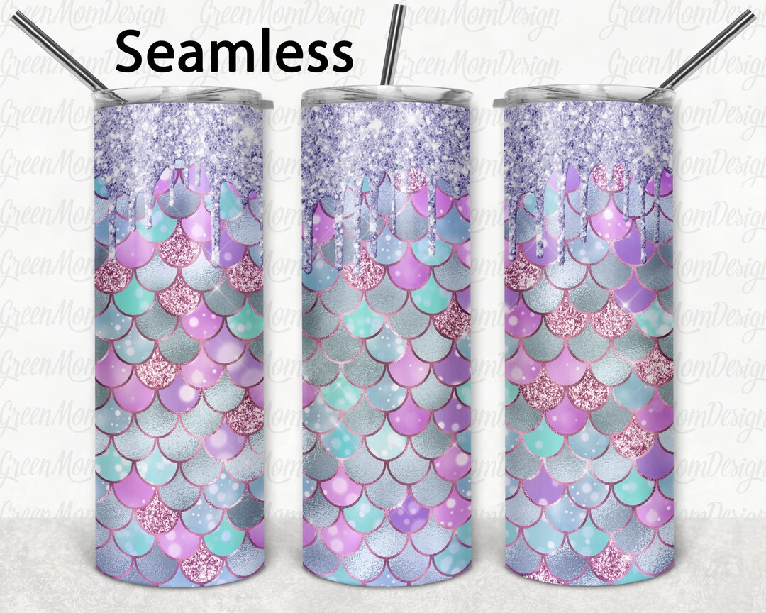 Spark Glitter Drip Silver on Mermaid Pattern 20oz Skinny Straight ...
