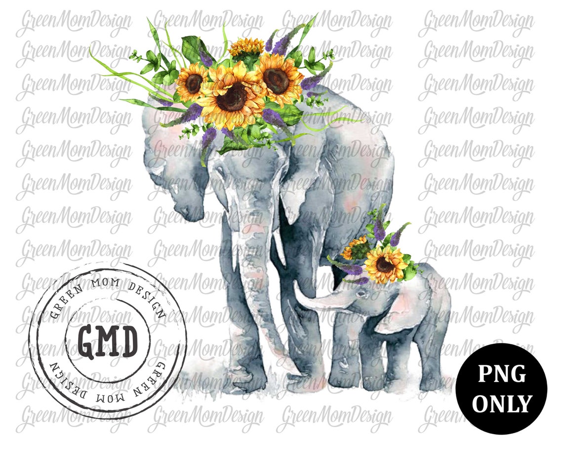 Elephant Floral PNG, Sunflowers, Mother and Baby Elephant Sublimation ...