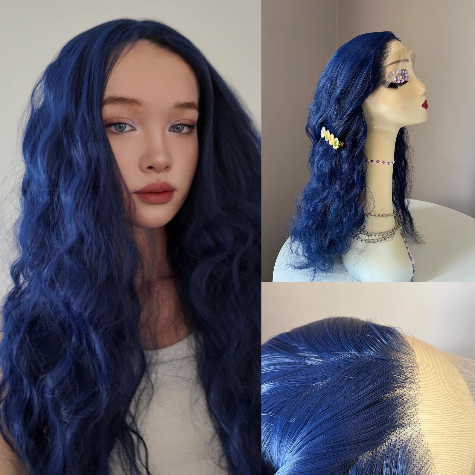 Blue Lace Front Wig: Long Wavy Synthetic Hair, Adjustable Cap - Etsy