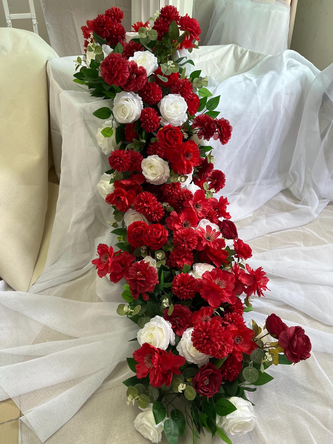 Red Rose Flower Runner,greenery Leaf Peony Floral Arrangement,red ...