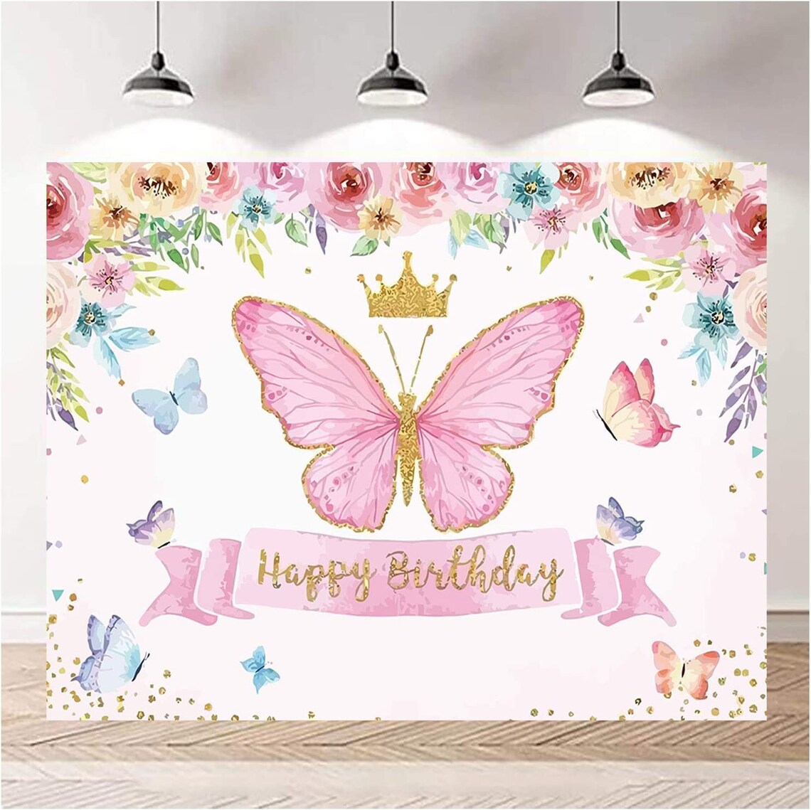 Pink Butterfly Happy Birthday Backdrop Gold Crown Flower - Etsy