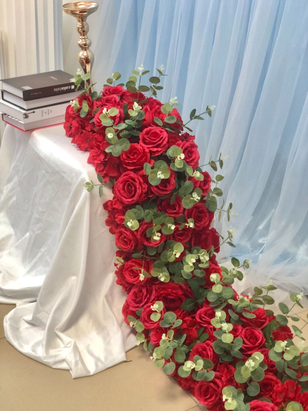 Artificial Silk Green Leaf Red Rose Flower Garland,wedding Arch Swag ...