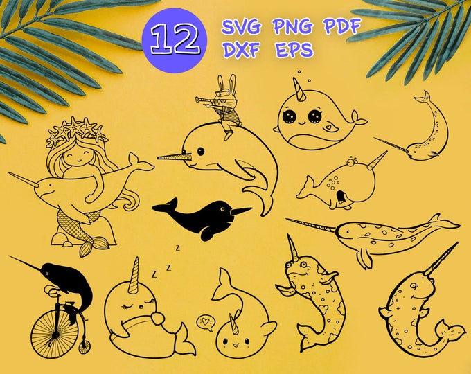 Narwhal Outline SVG Files Vector Images Clipart narwhale SVG File Fish ...