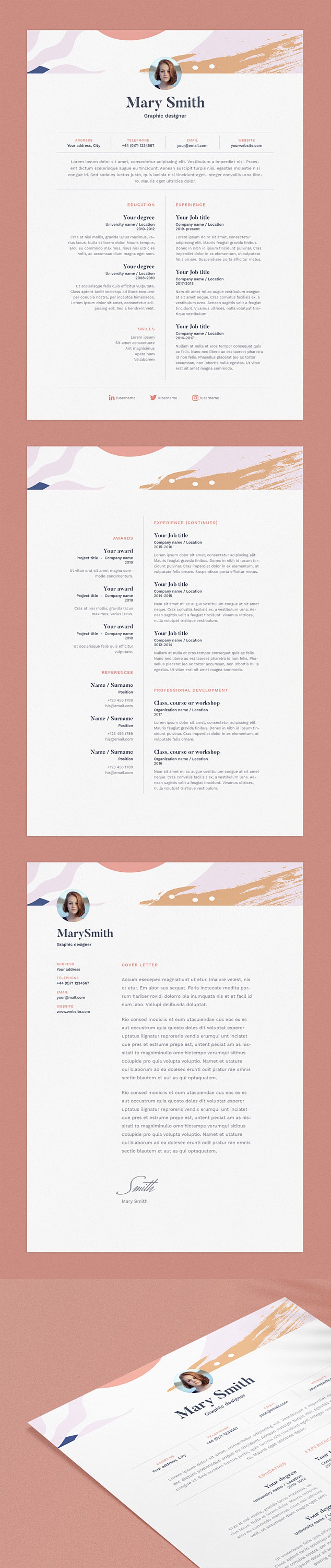 Resume Template With Cover Letter for Word, Indesign & Photoshop. Mary ...