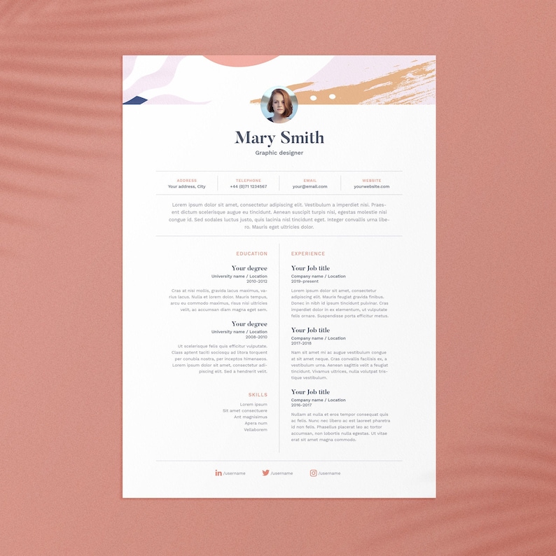 Resume Template With Cover Letter for Word, Indesign & Photoshop. Mary ...