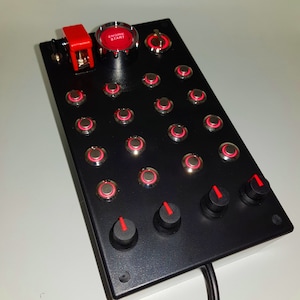 PC USB Button Box 32 Functions Back Lit Red With Neon Labels Sheet for ...