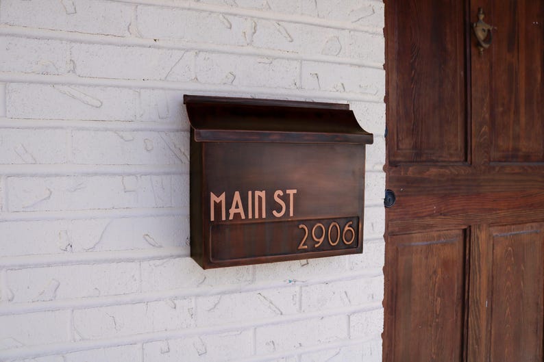 Flush Mount Brown Patina Copper Mailbox With House Numbers and Street ...
