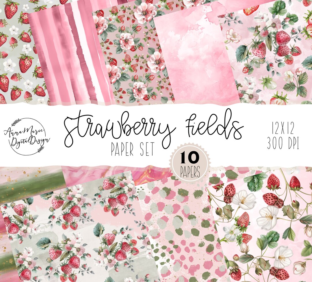 Watercolor Strawberry Field Digital Paper Bundle, Strawberry Clip Art, Summer Graphics, PNG ...