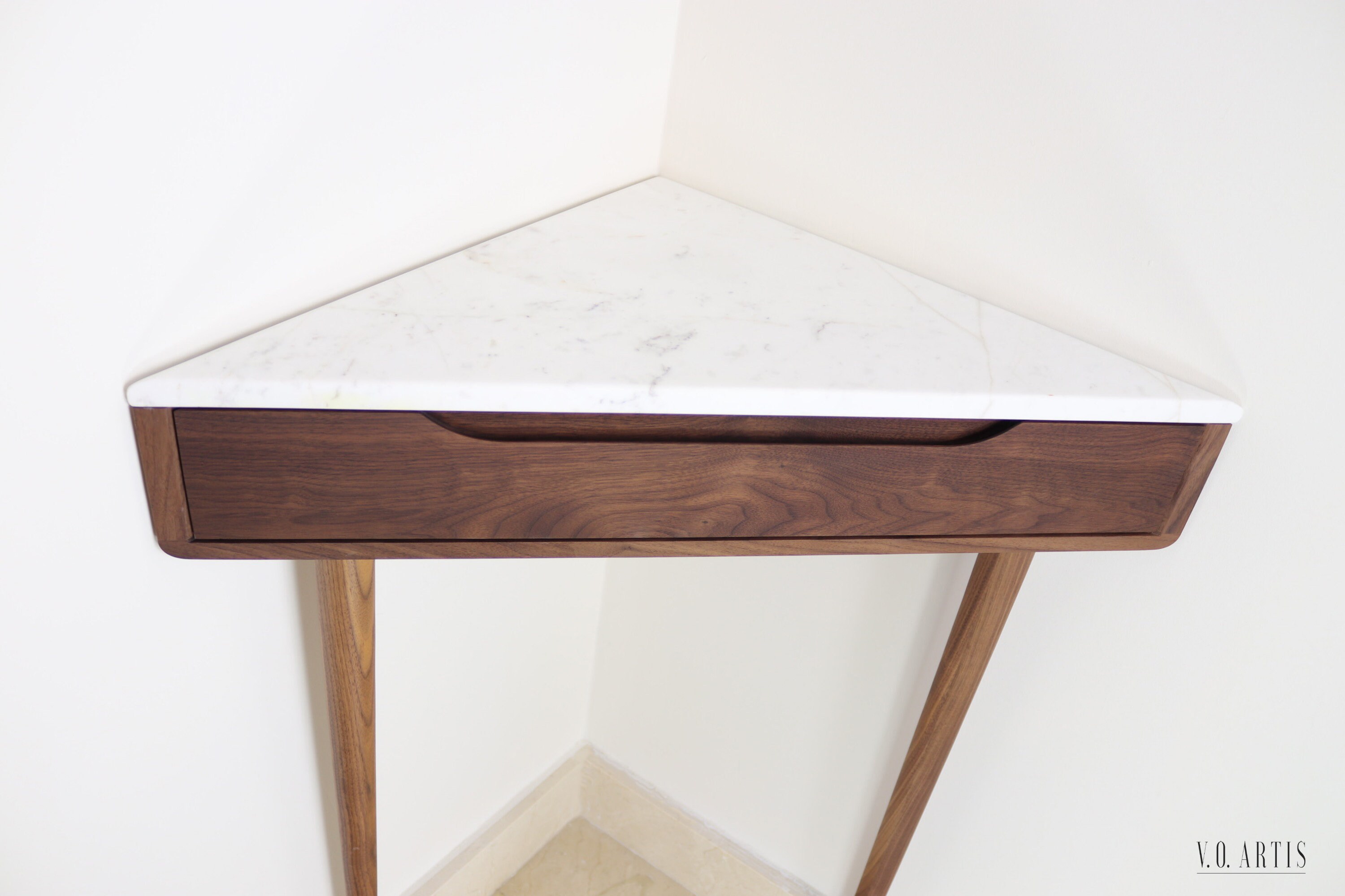 Corner console table in Walnut or Solid Oak with Marble top. | Etsy