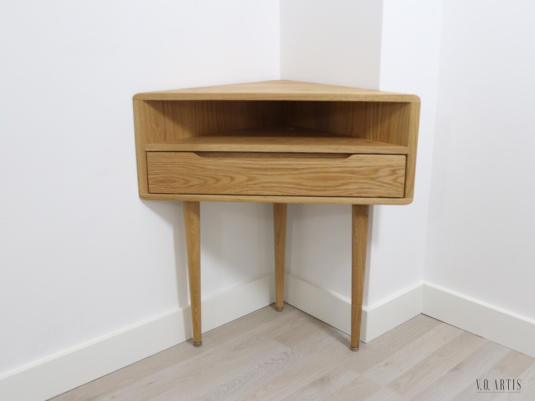 Corner Nightstand With Shelf and Lower Drawer in Solid Oak or Walnut ...