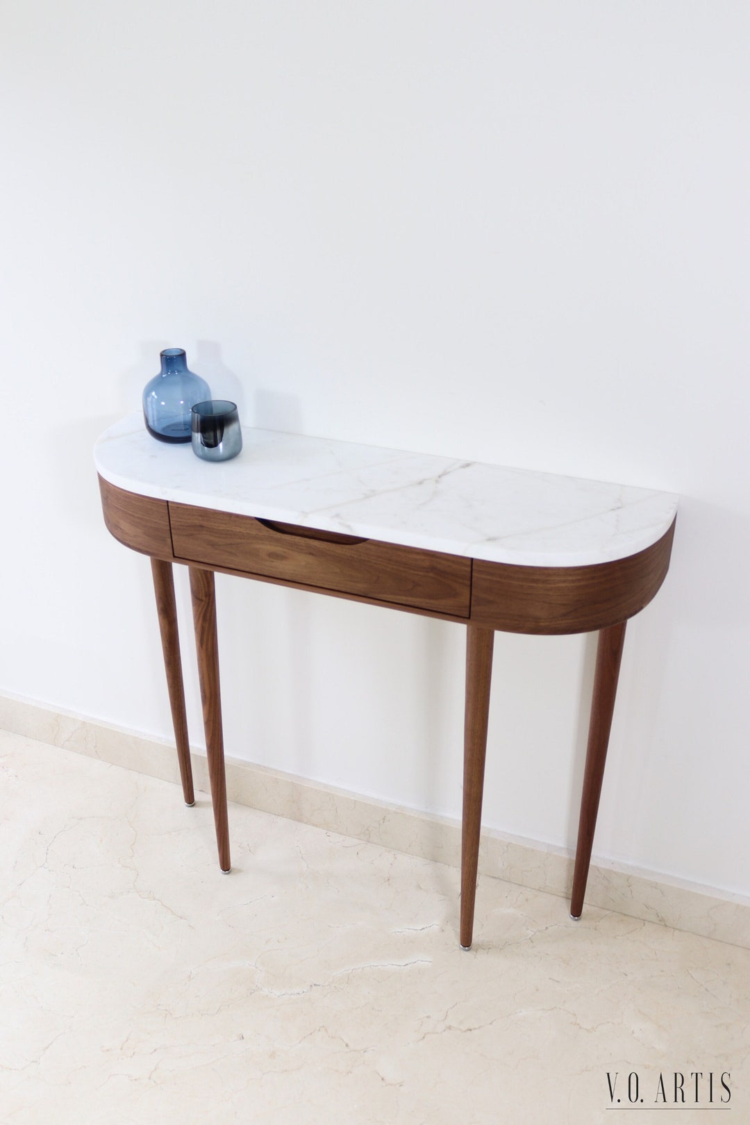 Narrow Console Table: 1 Drawer, Marble Top, Solid American Oak/walnut ...
