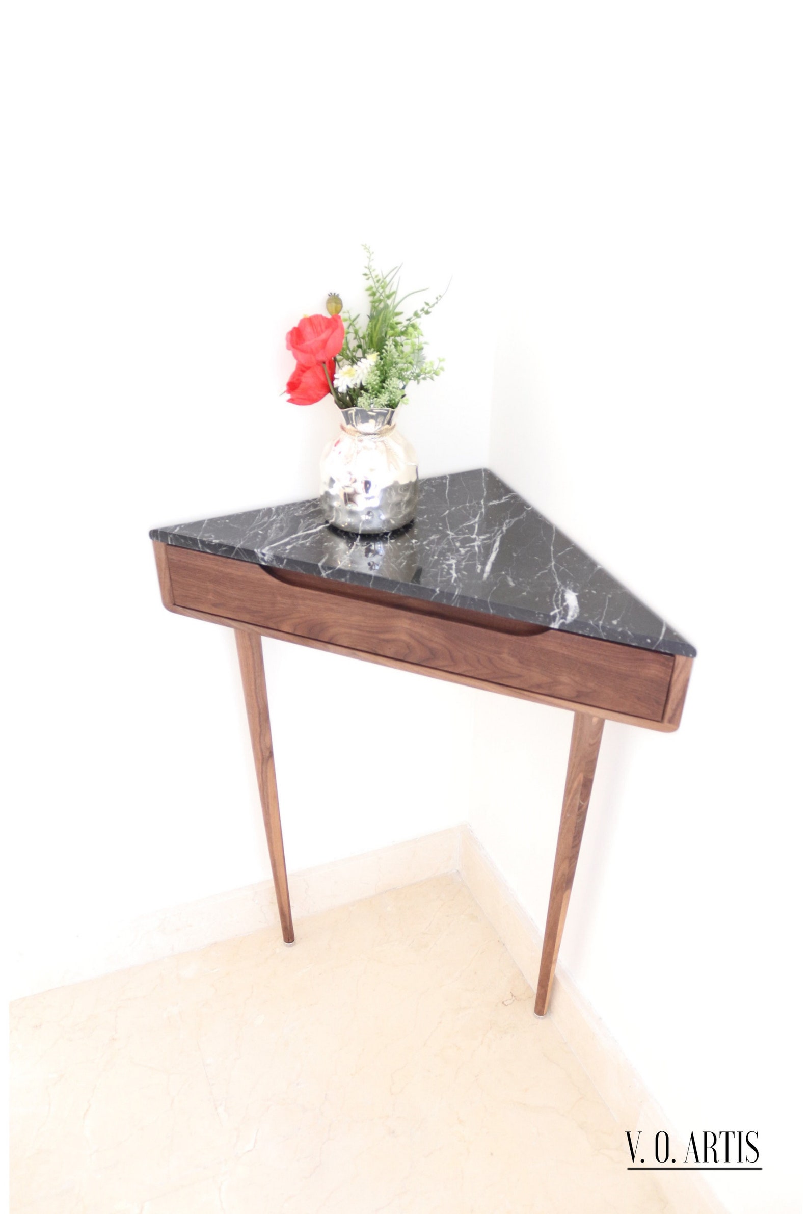Corner Console Table in Walnut or Solid Oak With Marble Top. - Etsy